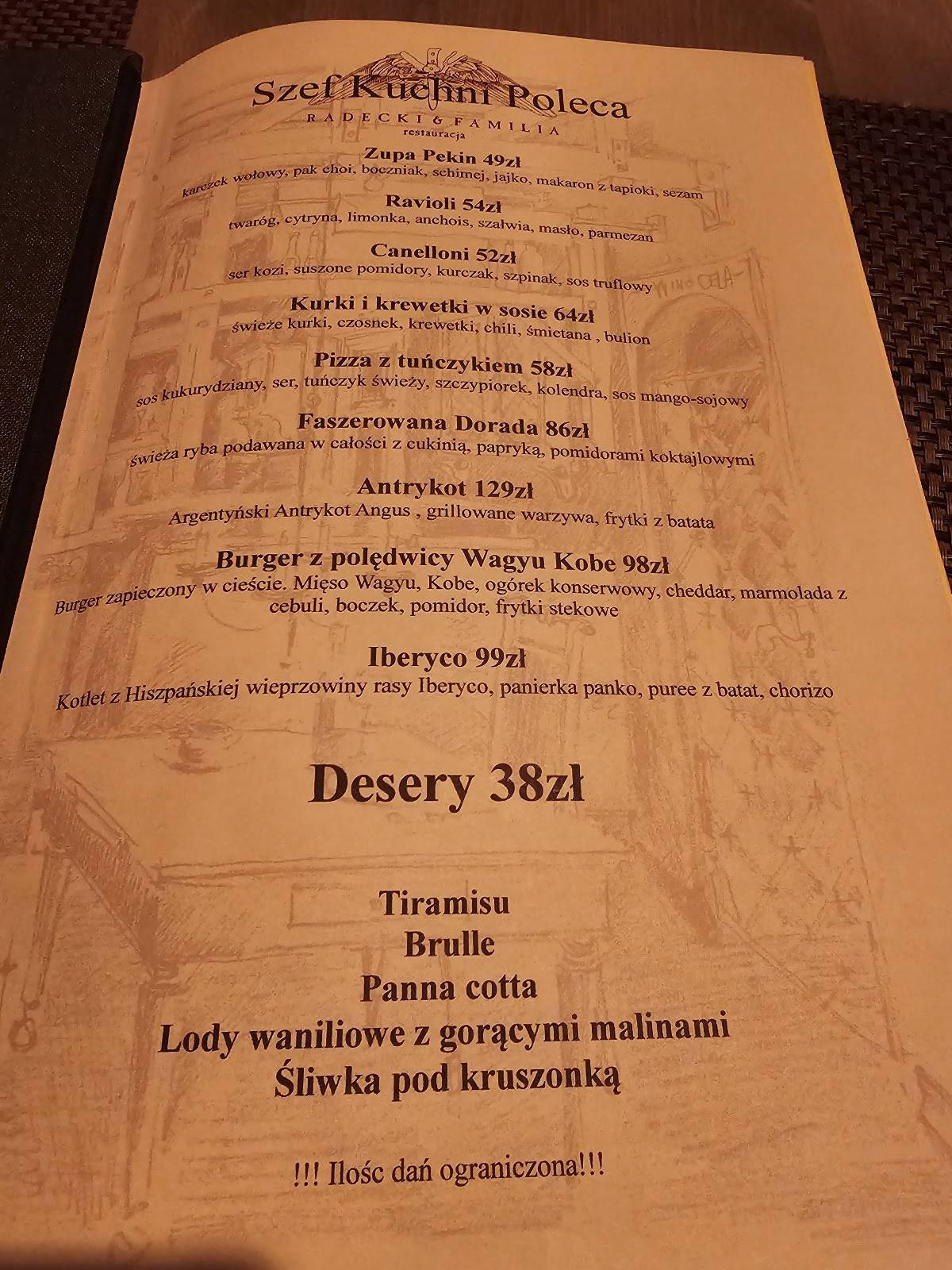 Menu at Radecki restaurant, Szczecin