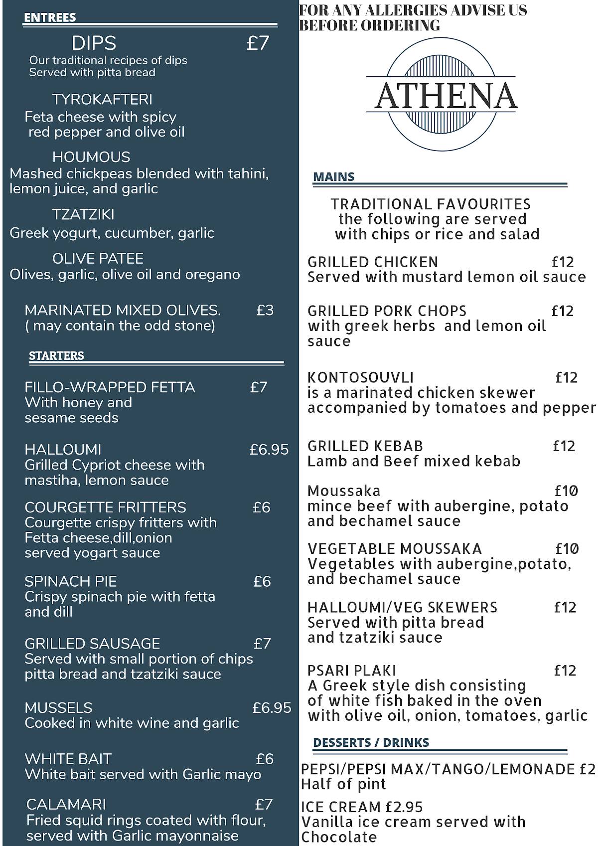 Menu at Athena restaurant, Radstock