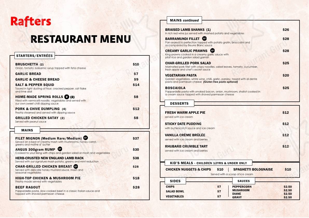 Menu at Rafters Diner restaurant, Guyra, Rafters