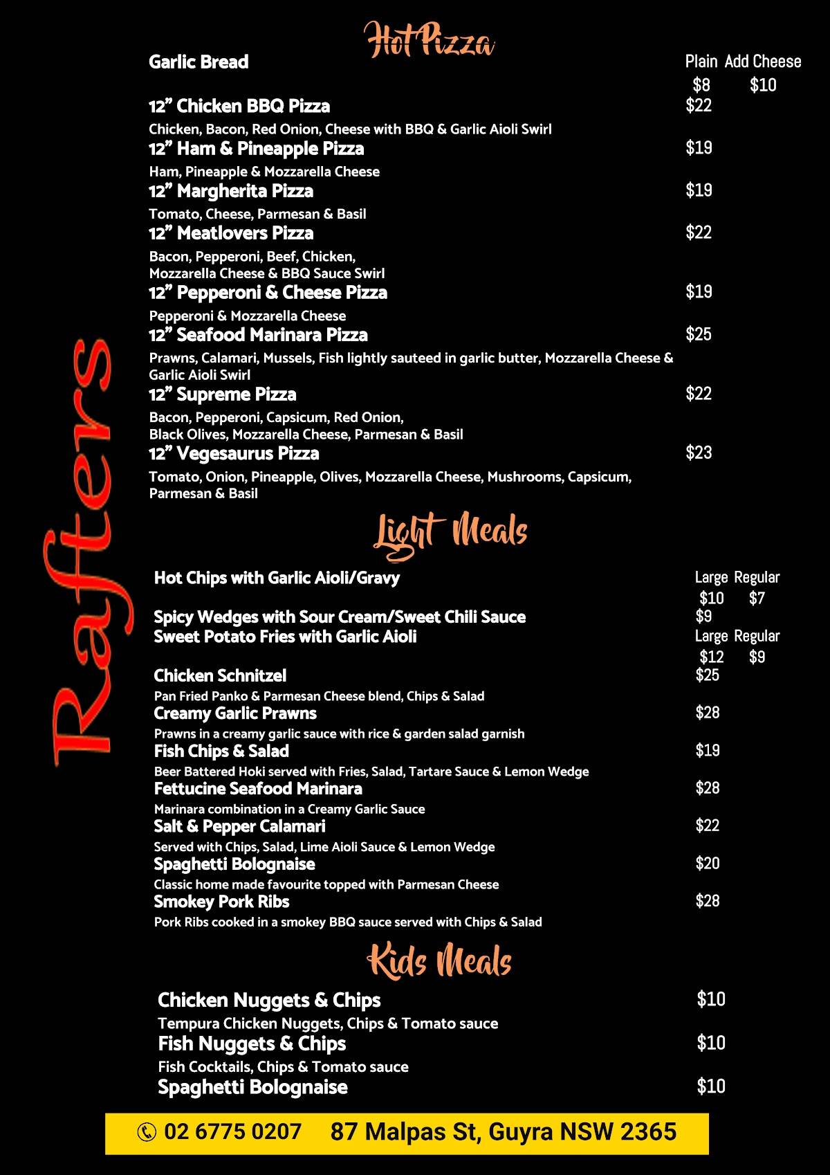 Menu at Rafters Cafe and Restaurant, Guyra, Rafters