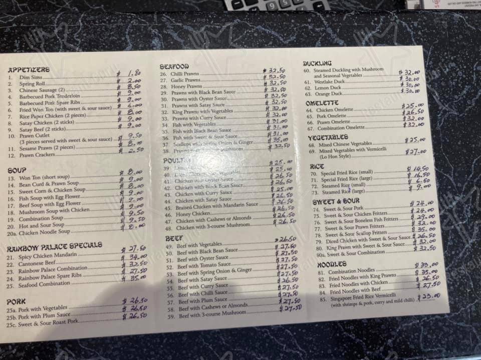 Menu at Rainbow Palace Chinese Restaurant, Korumburra