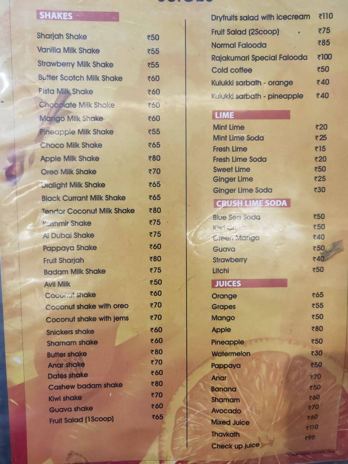 Menu at Rajakumari Arabian Cafe Parippally, Parippally