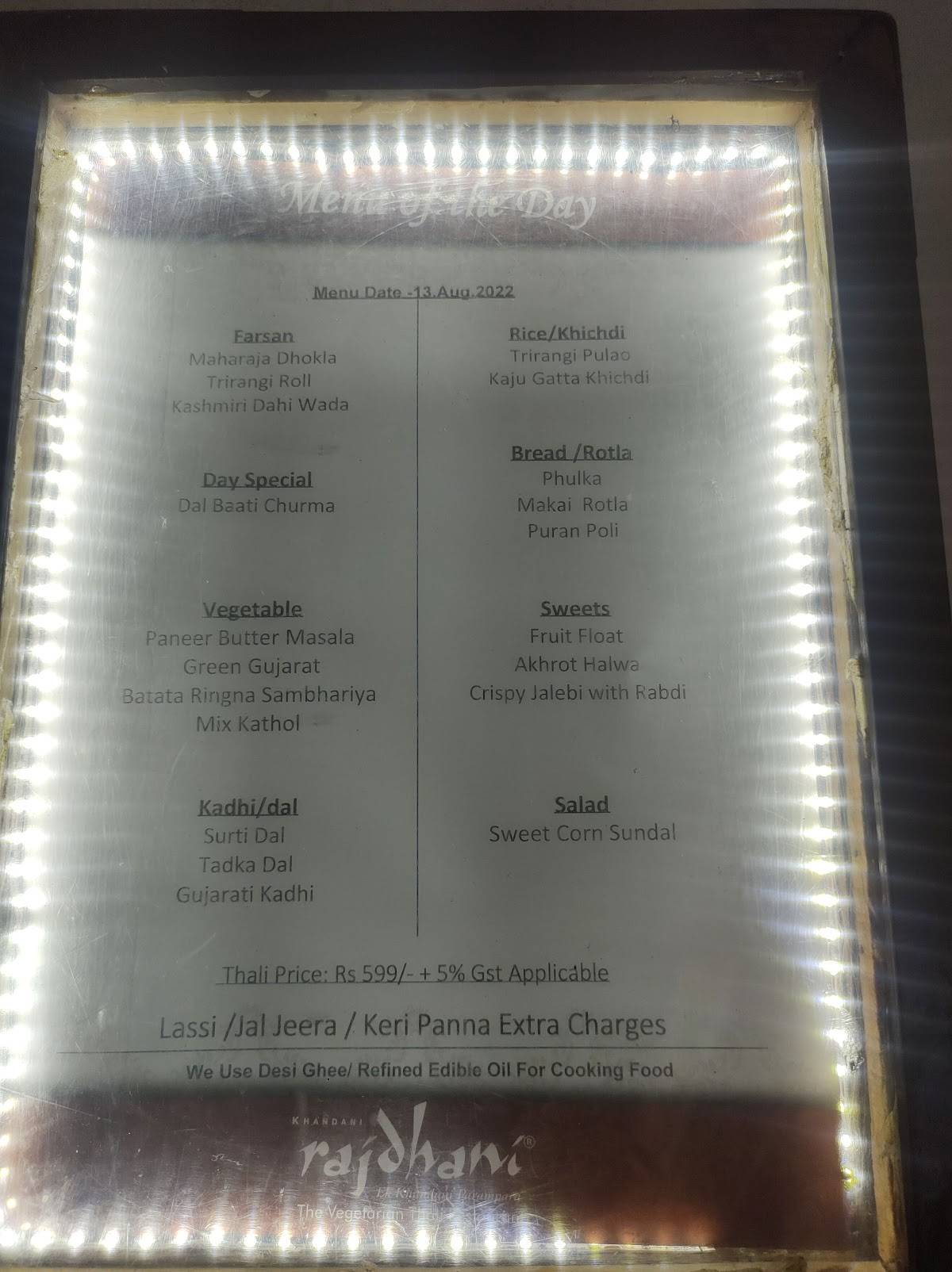Menu at Rajdhani, Thane, 2