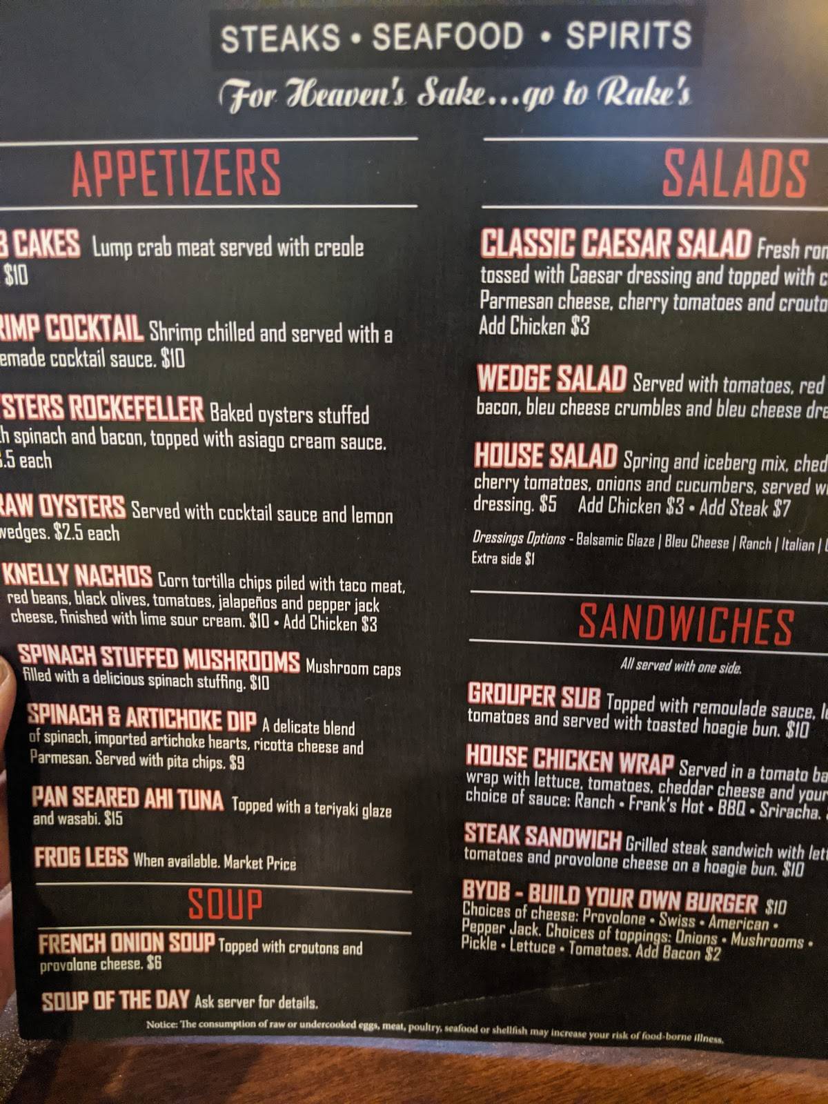 Menu at Rake's Place steakhouse, Zanesville