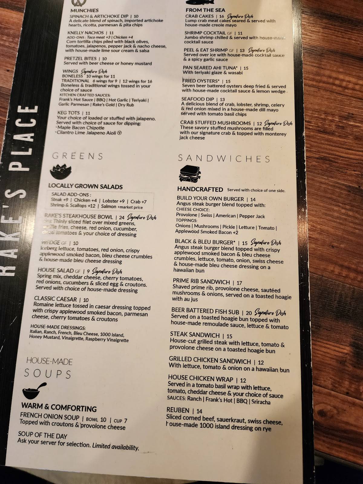 Menu at Rake's Place steakhouse, Zanesville