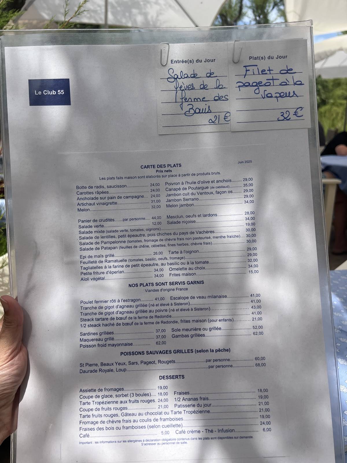 Menu at Le Club 55, Ramatuelle