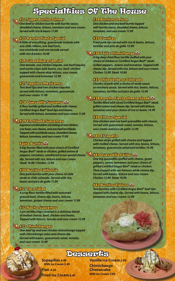 Menu at Rancho Fiesta Mexican Restaurant, Findlay, Tiffin Ave