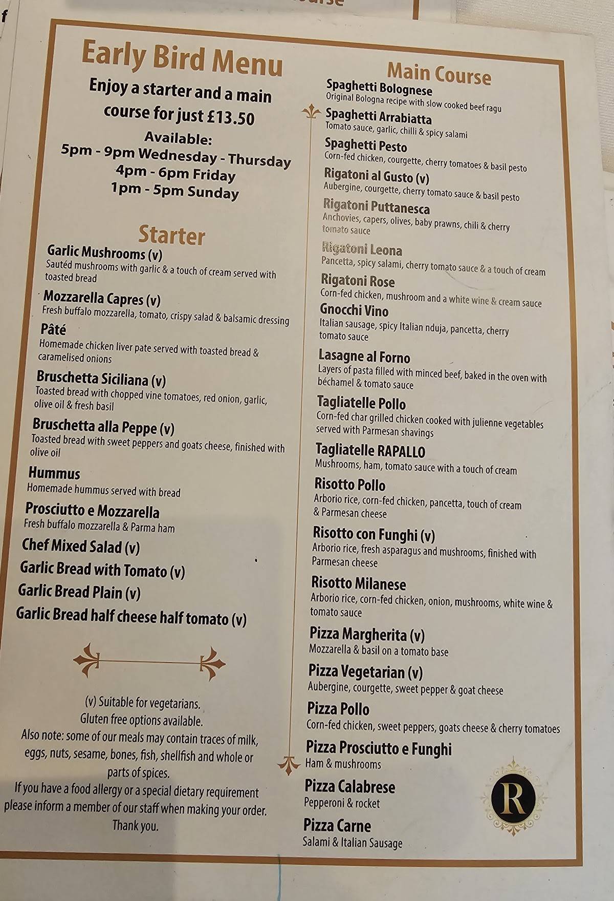 Menu at Rapallo Ristorante restaurant, Bury
