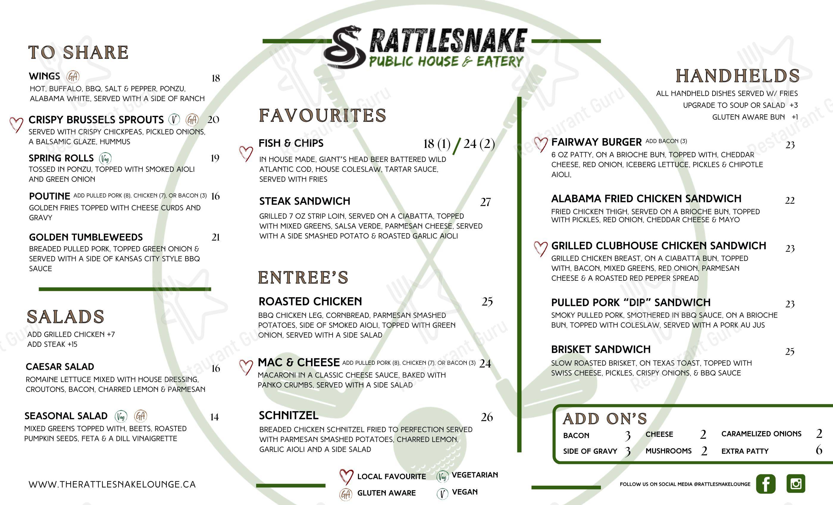 Menu at Rattlesnake Public House & Eatery, Oliver, 71st St