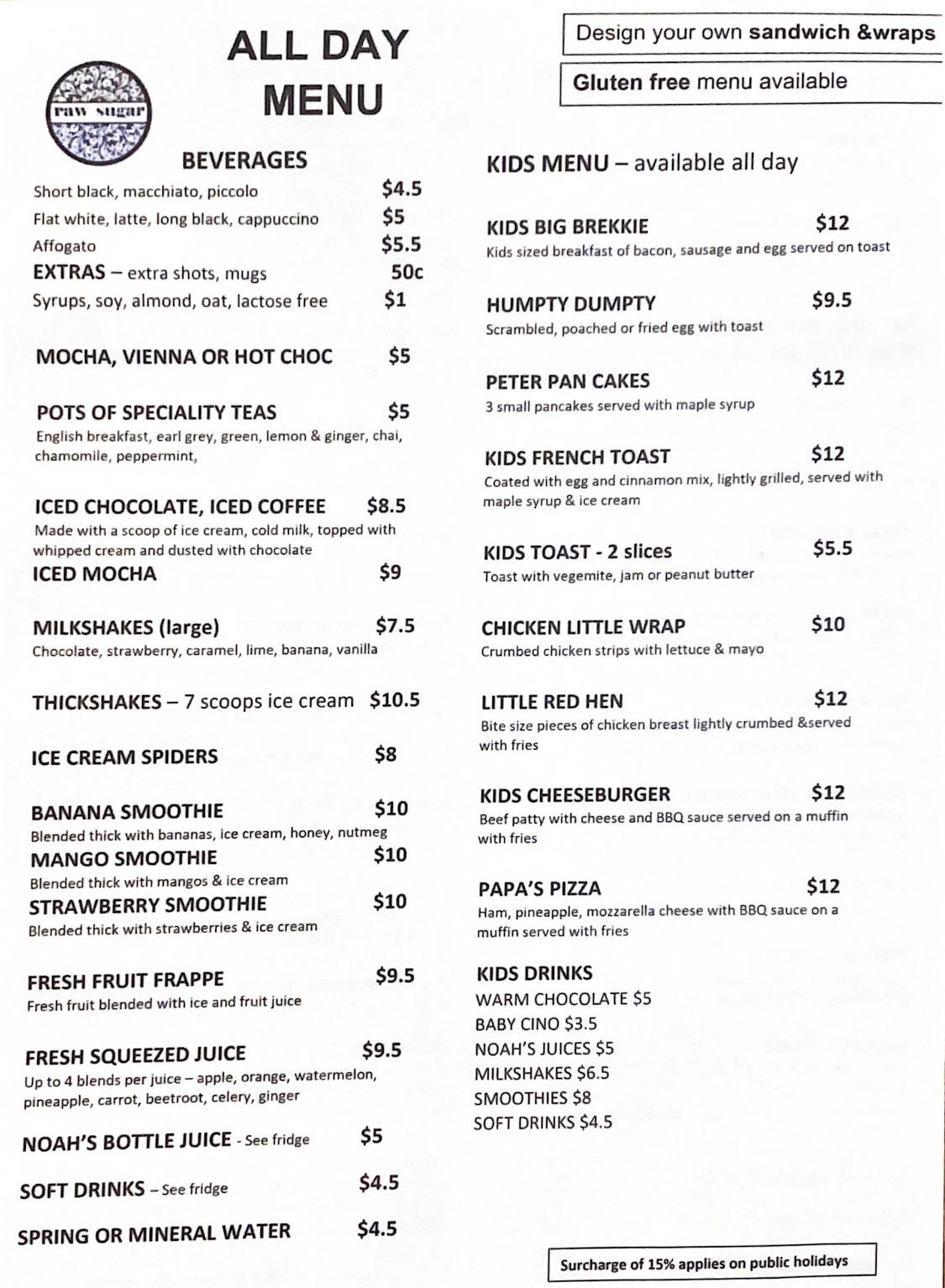 Menu at Raw Sugar Cafe, Taree