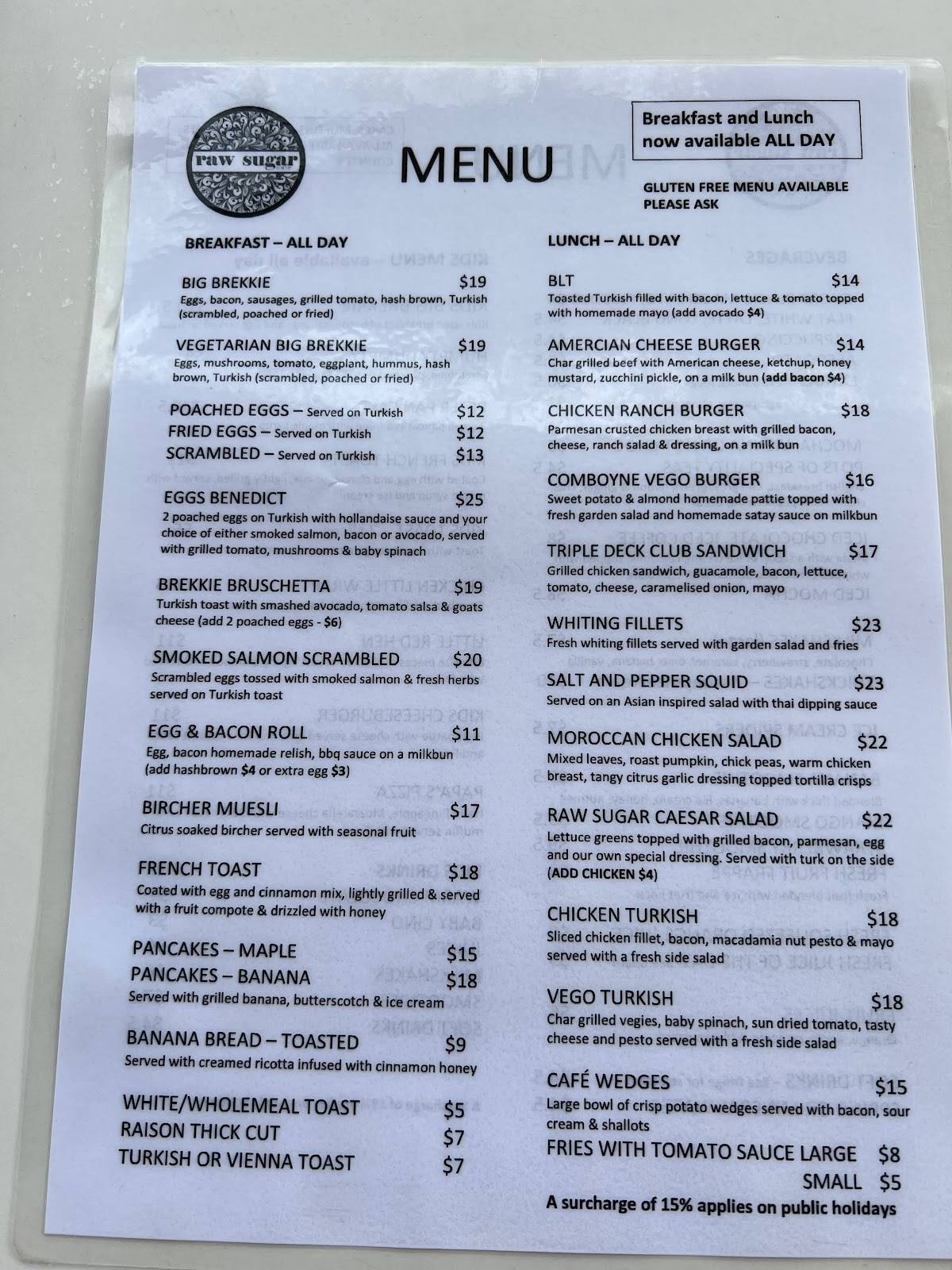 Menu at Raw Sugar Cafe, Taree
