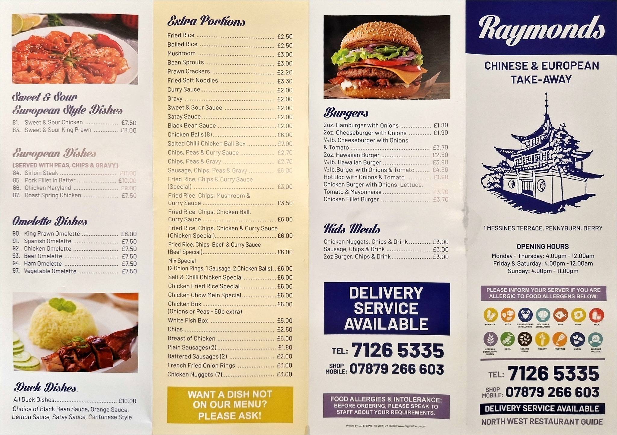 Menu at Raymond's Takeaway fast food, Londonderry