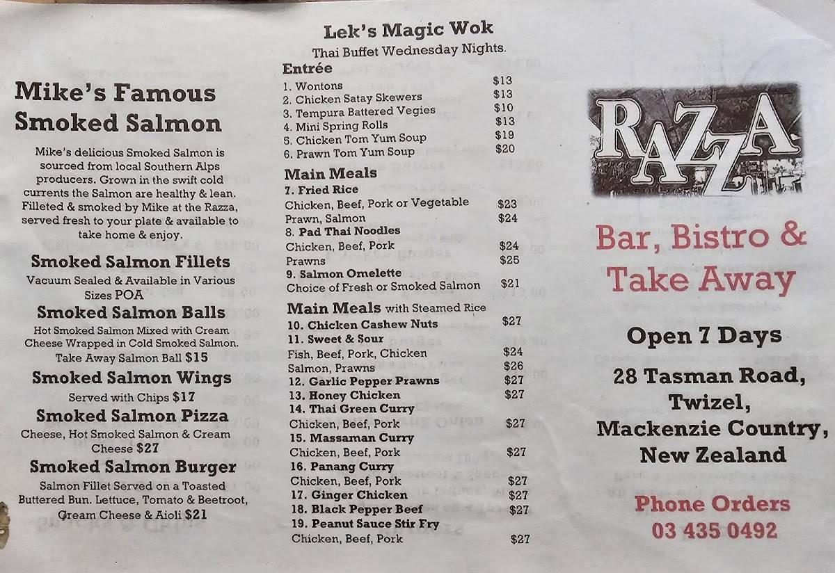 Menu at Razza Bar, Twizel