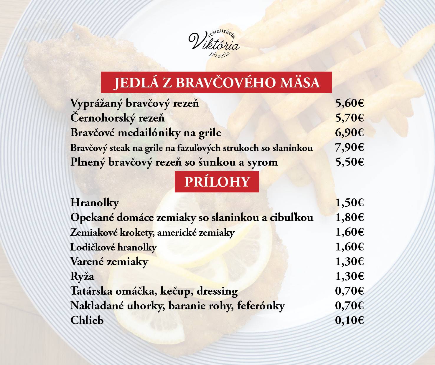 Speisekarte von Reštaurácia Viktória restaurant, Bernolákovo