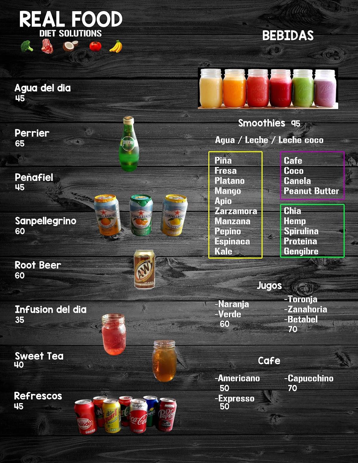 Menu at Real Food Huayacan restaurant, Cancún