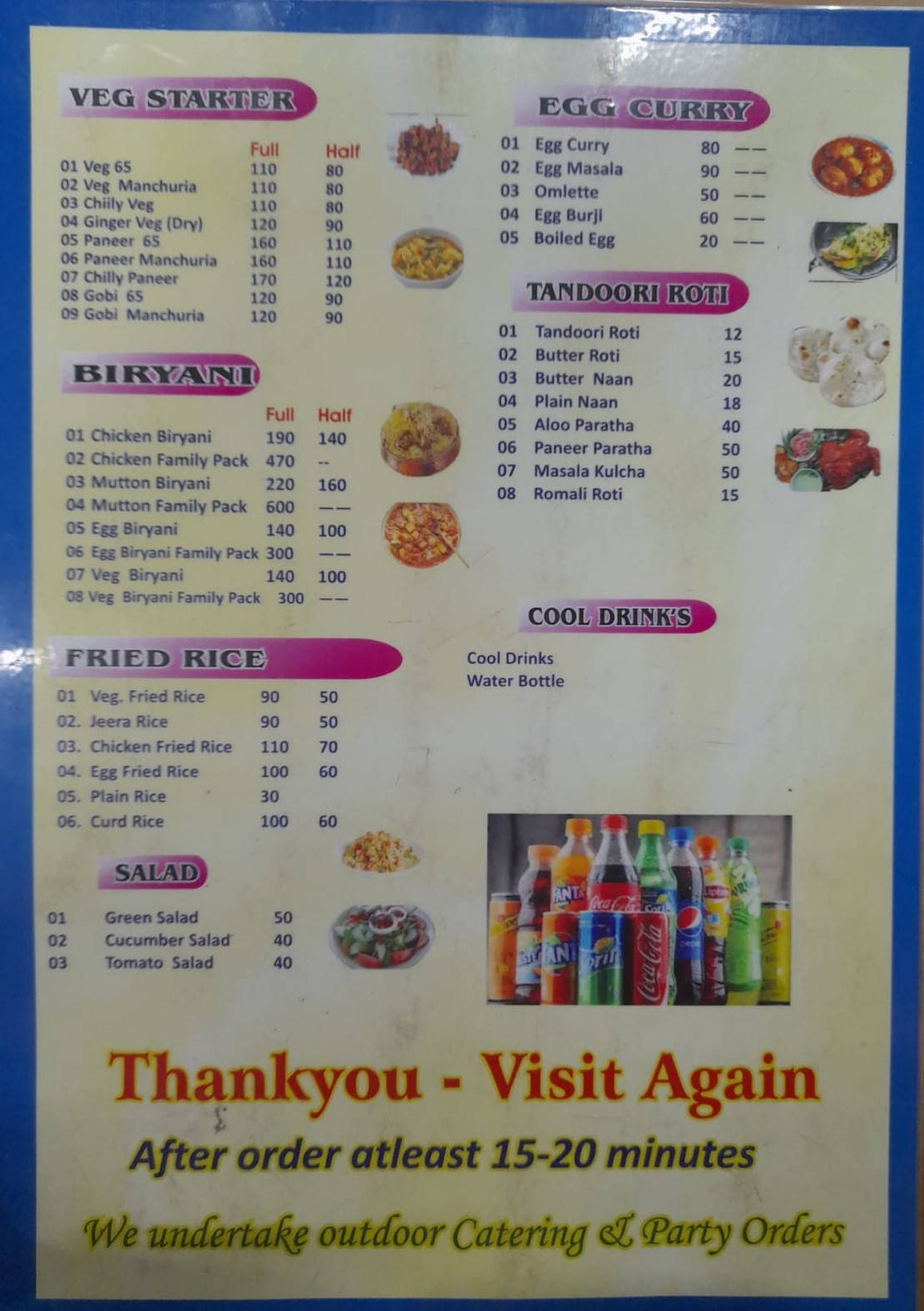 Menu at Real Mohan's Dhaba, Hyderabad