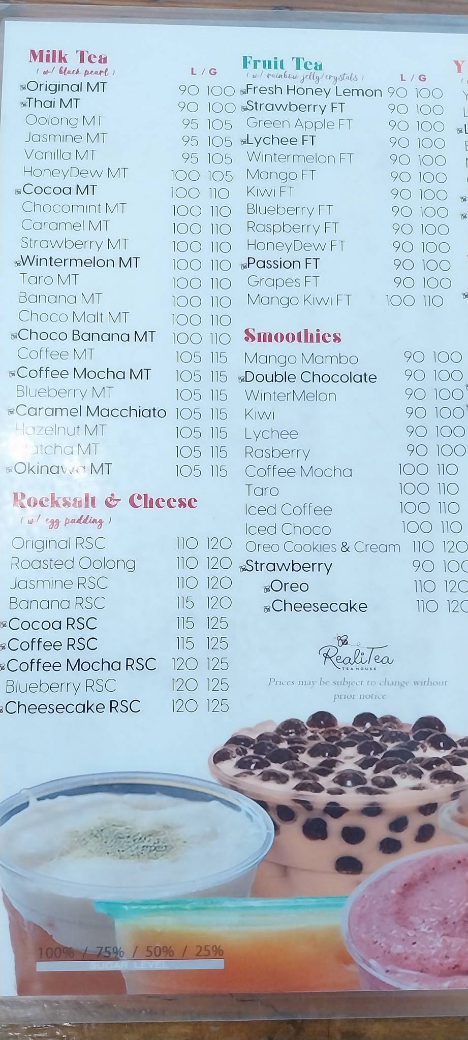 Menu at Realitea Tea House restaurant, Quezon City