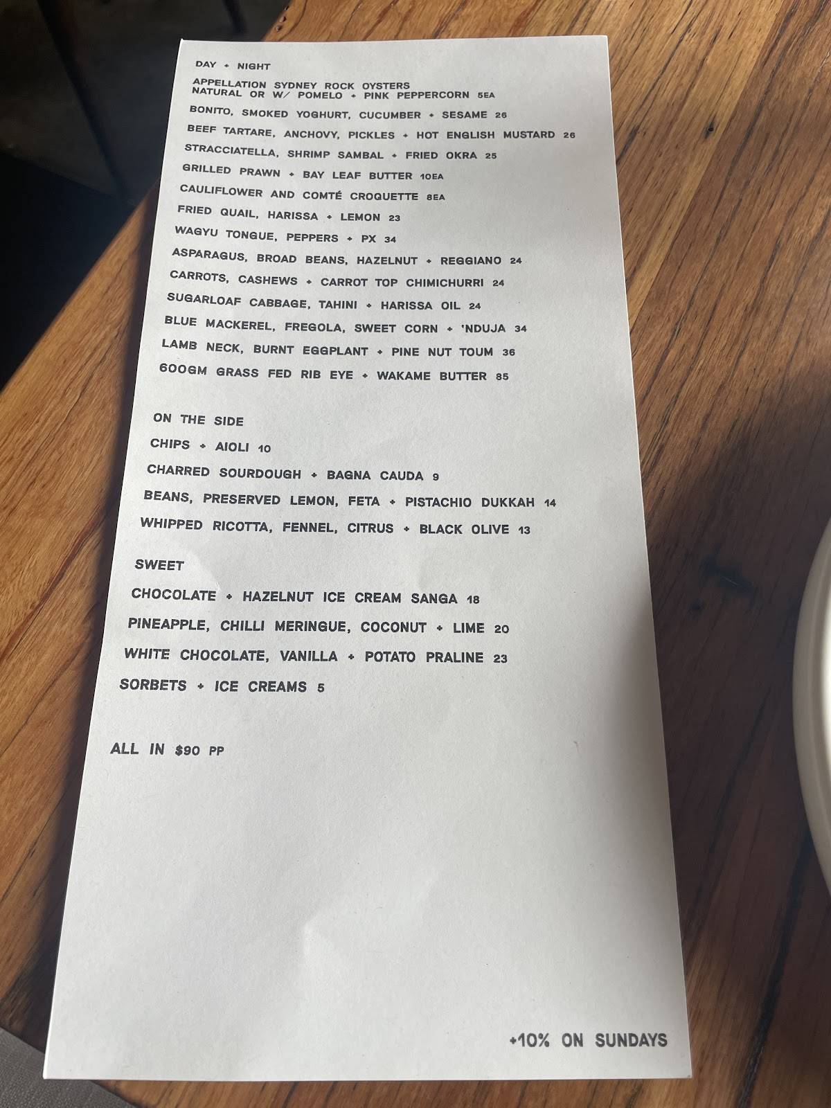 Menu at Rebel Rebel restaurant, Canberra