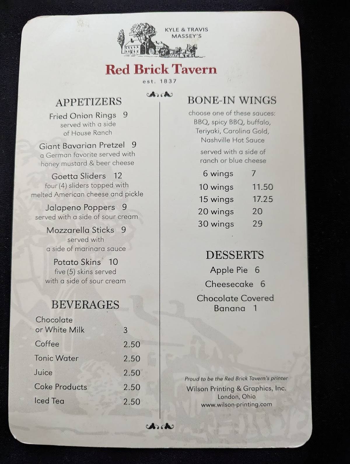 Menu at Red Brick Tavern restaurant, London, Cumberland St