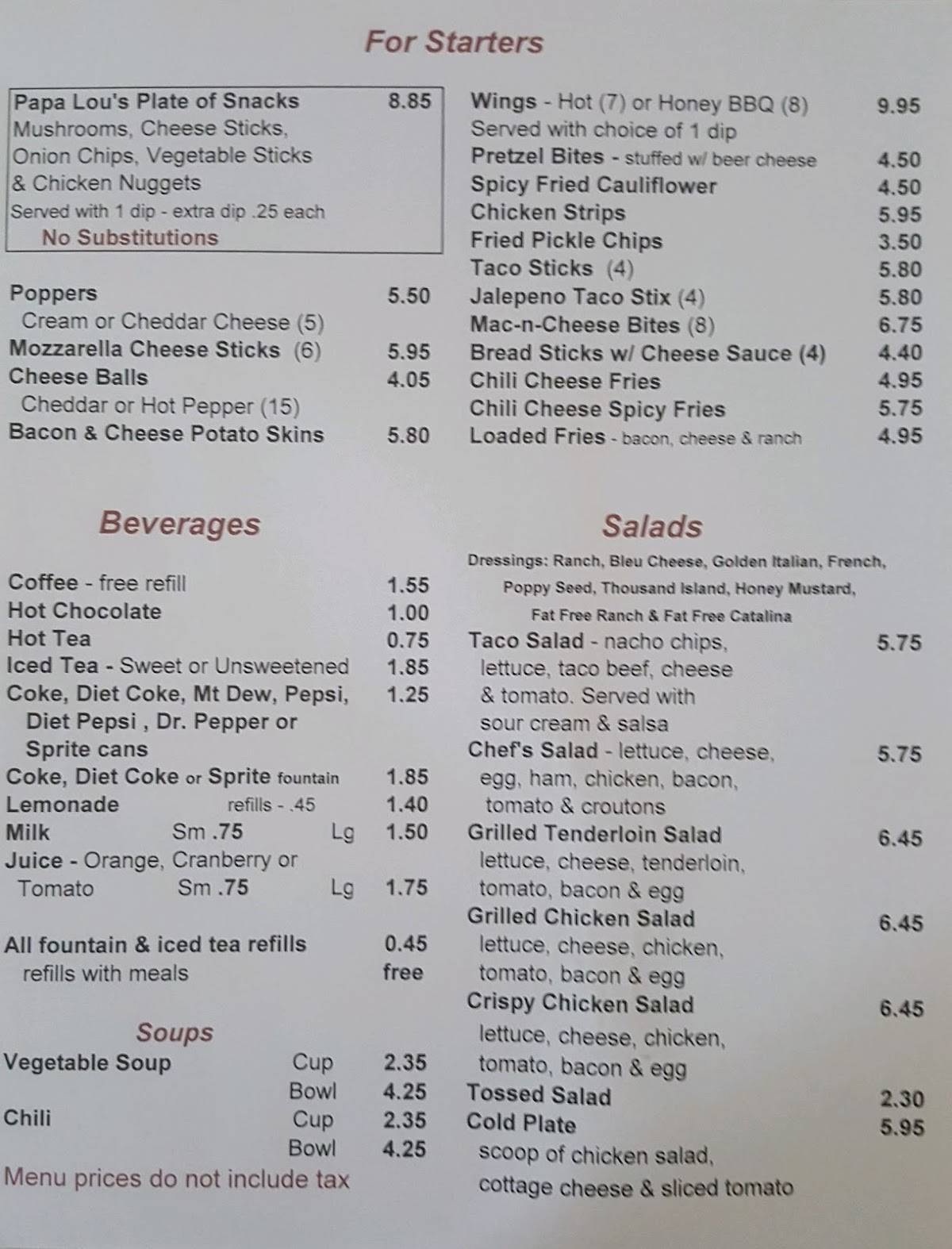 Menu at Red Dog Saloon pub & bar, Muncie