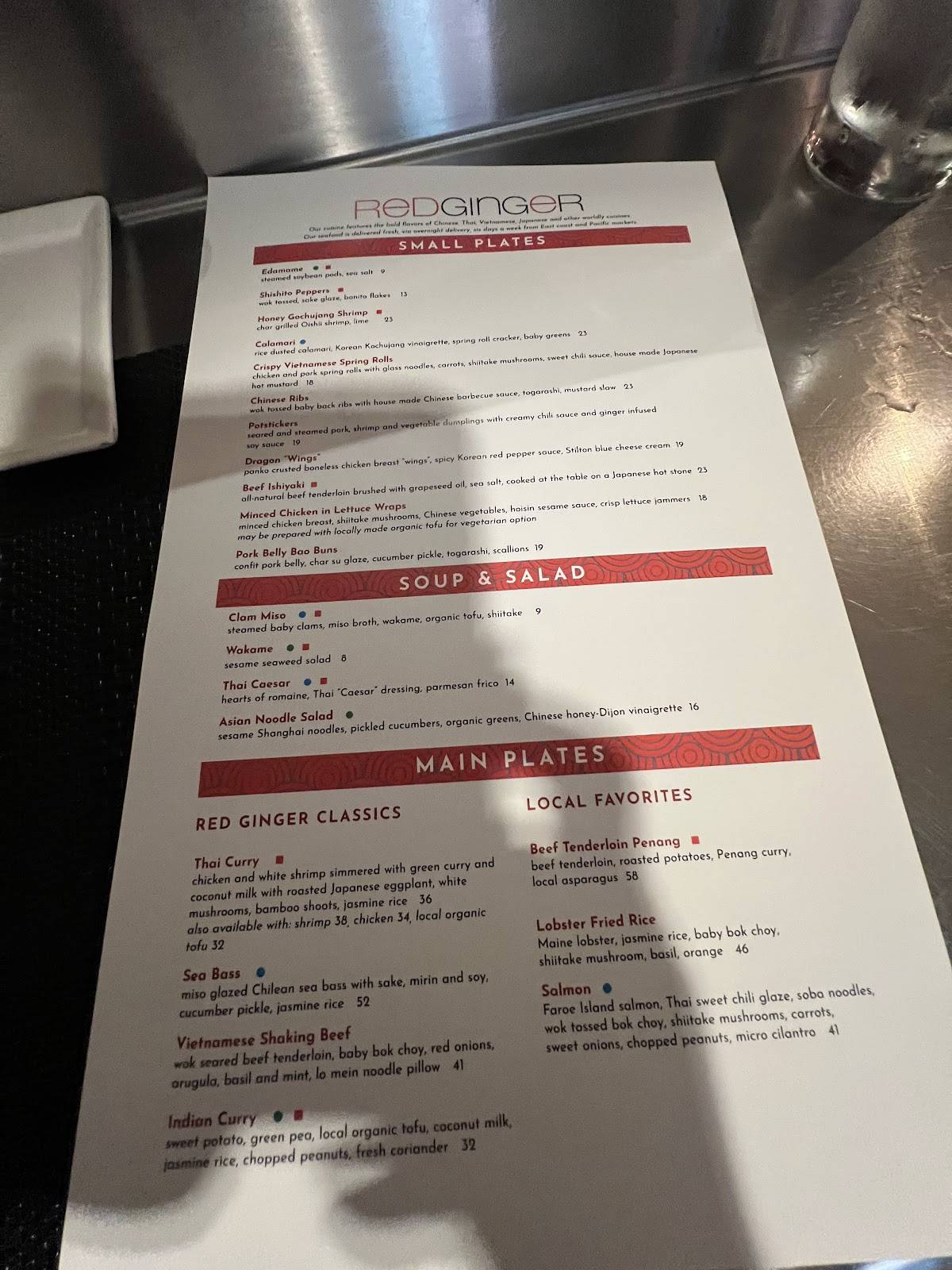 Menu at Red Ginger restaurant, Traverse City