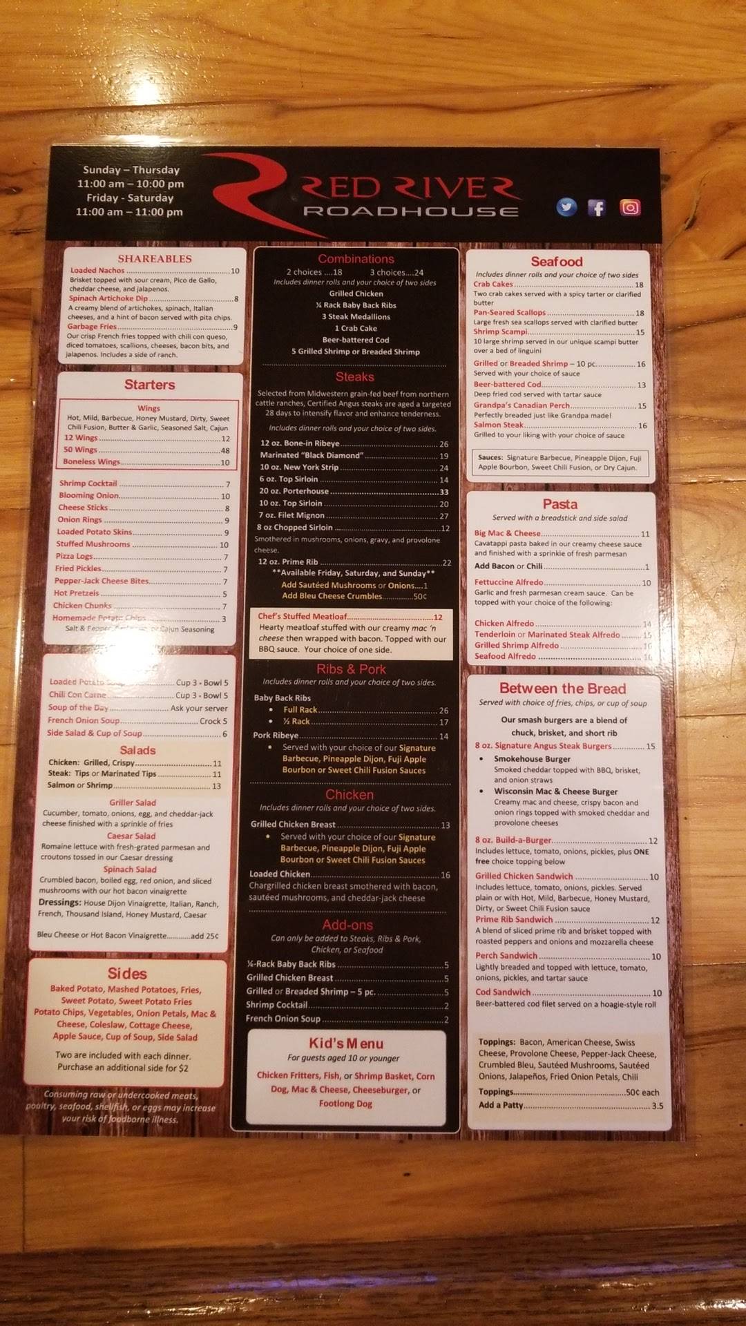 Menu at Red River Roadhouse (RRR) pub & bar, Clarion