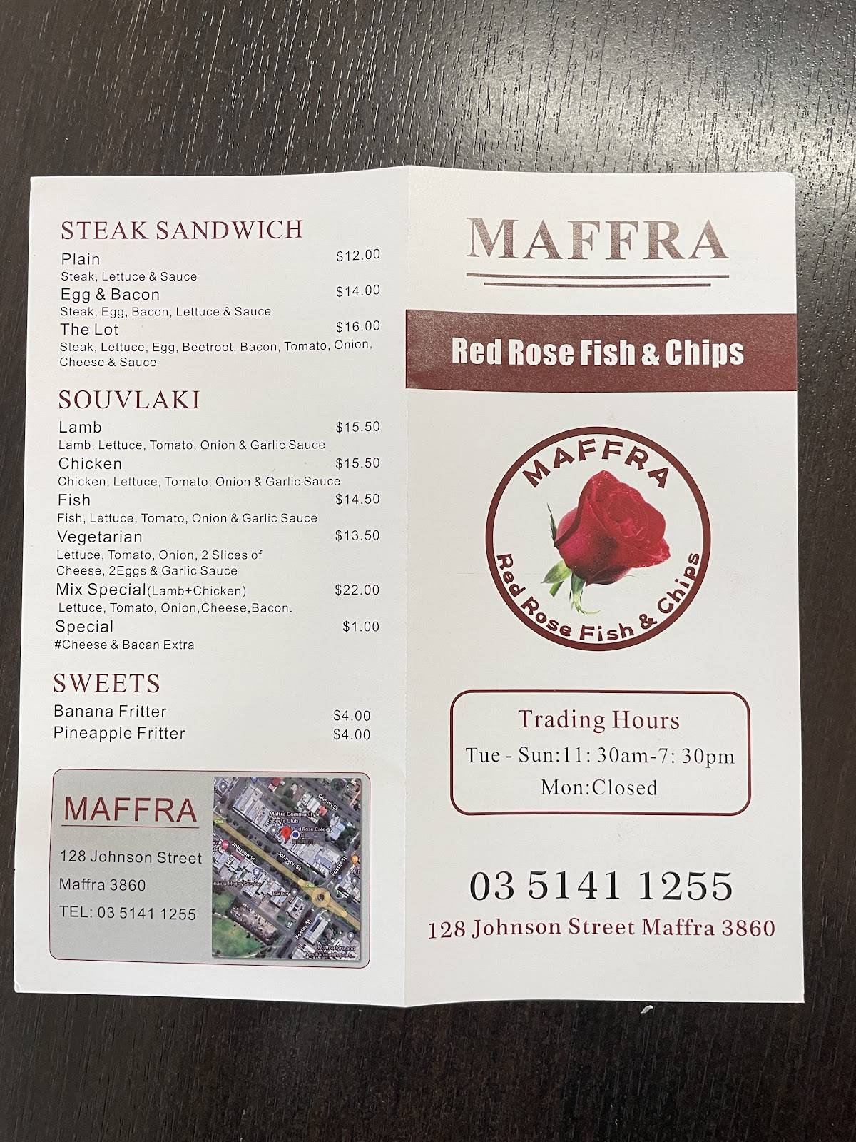 Menu at Red Rose Cafe, Maffra
