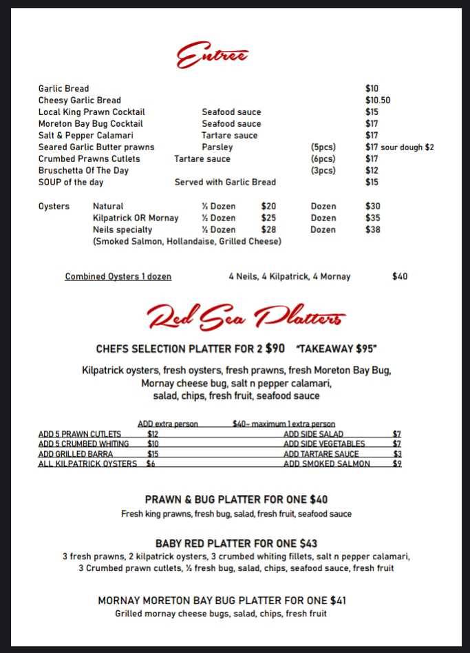 Menu at Red Sea Steak and Seafood restaurant, Maroochydore