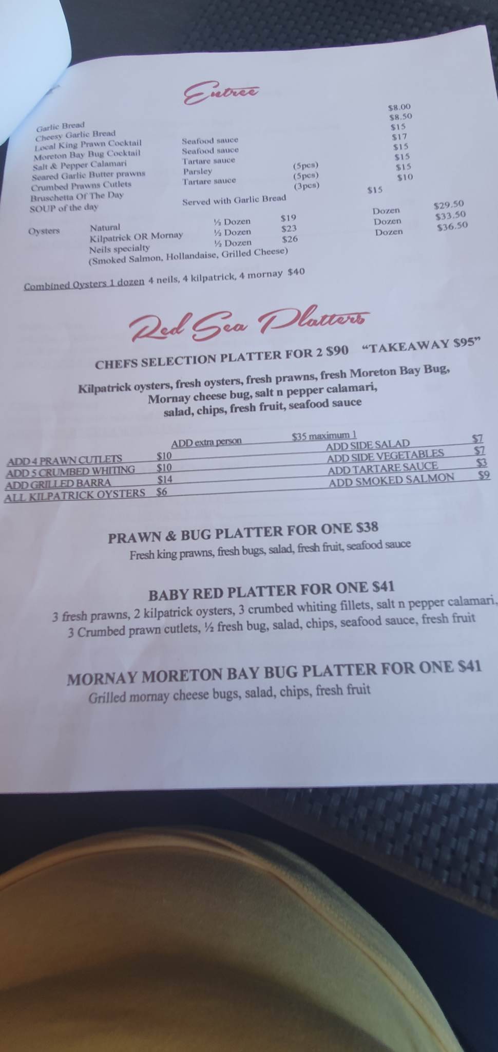 Menu at Red Sea Steak and Seafood restaurant, Maroochydore