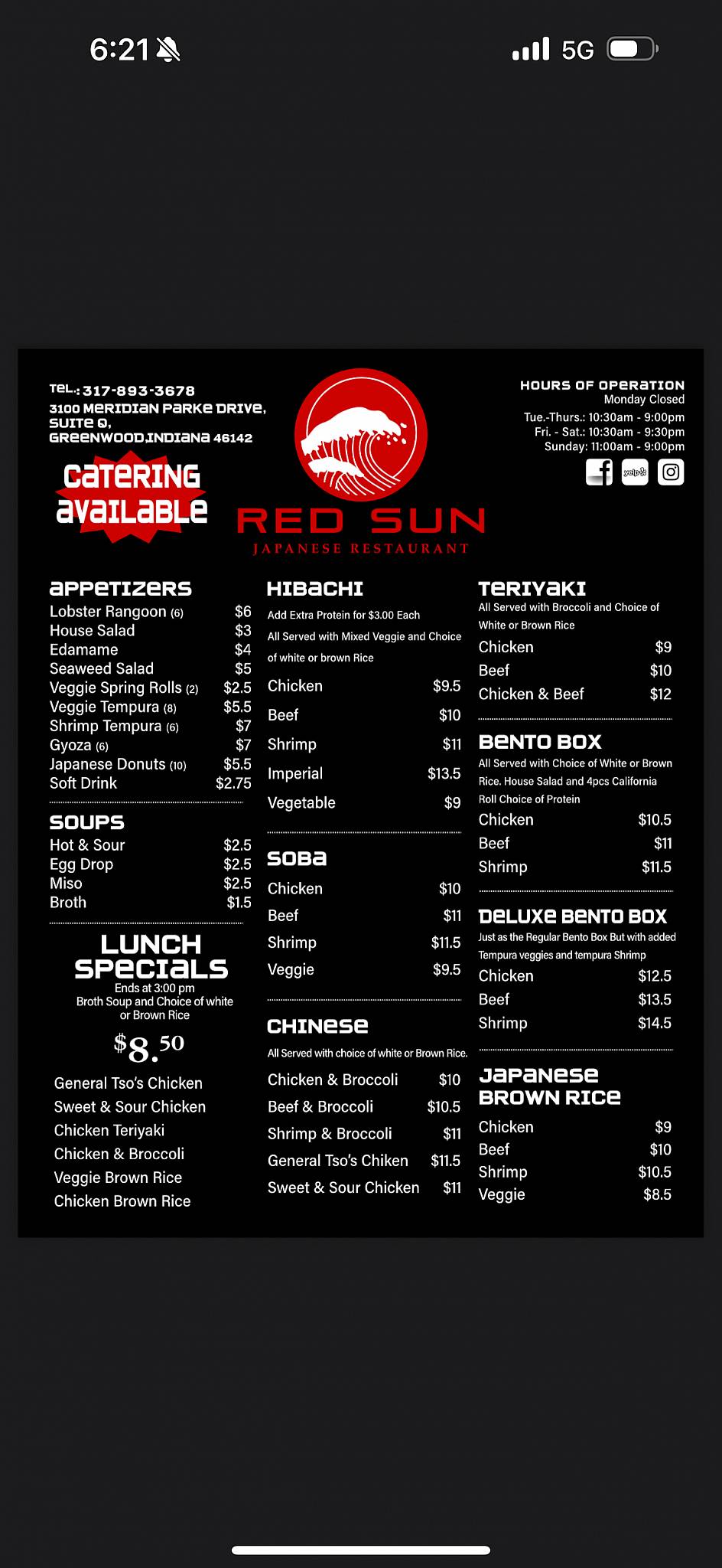 Menu at Red Sun restaurant, Greenwood