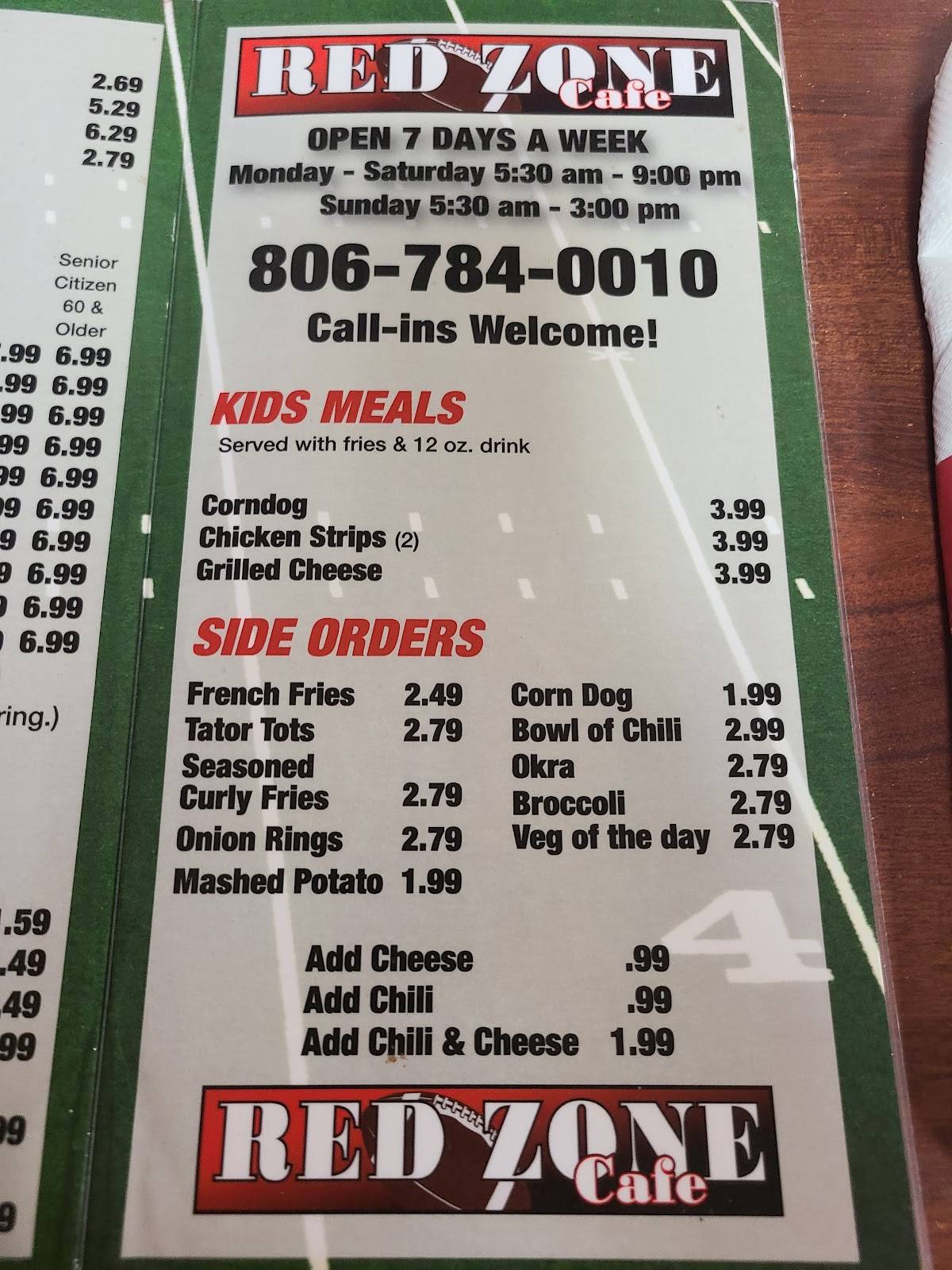 Menu at Red Zone Cafe, Lubbock, Slide Rd
