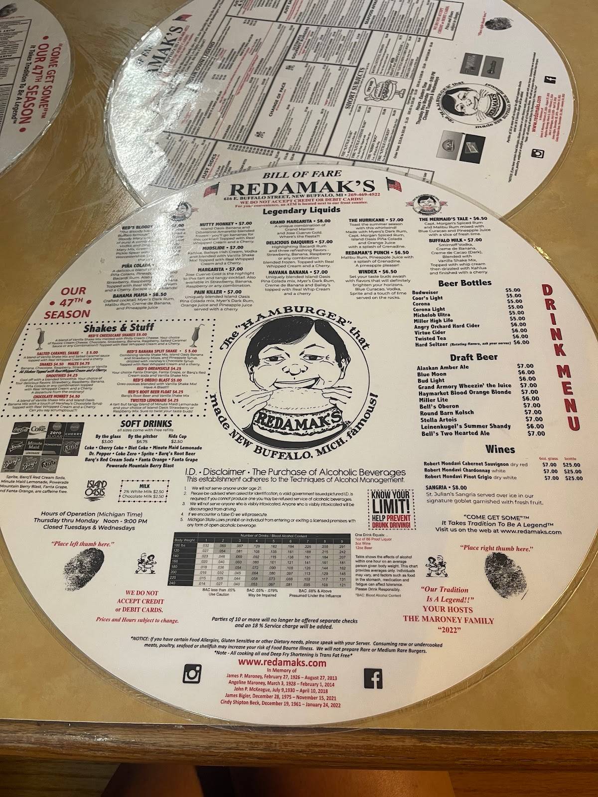Menu at Redamak's fast food, New Buffalo