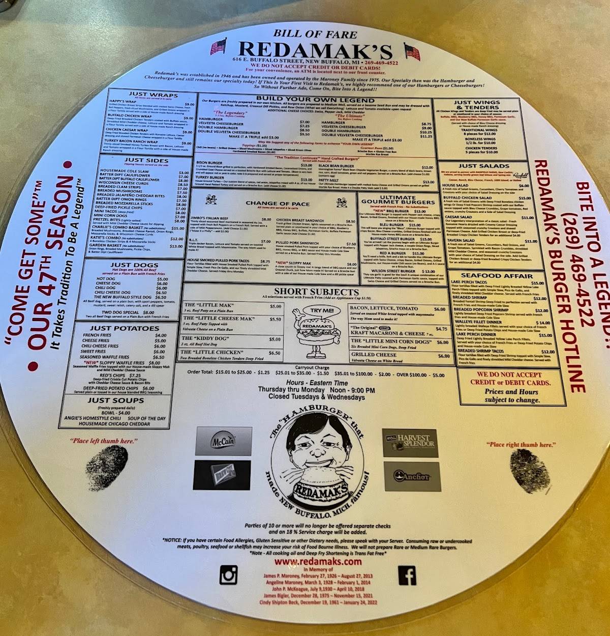 Menu at Redamak's fast food, New Buffalo