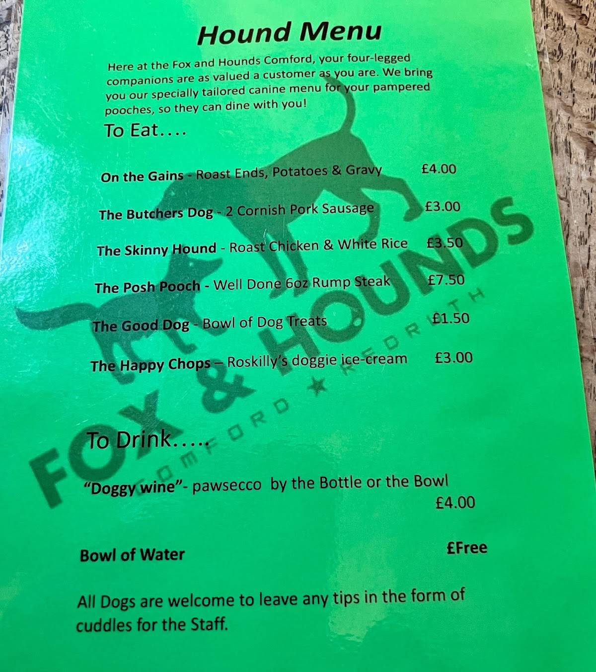 Menu at The Fox & Hounds Comford restaurant, Redruth