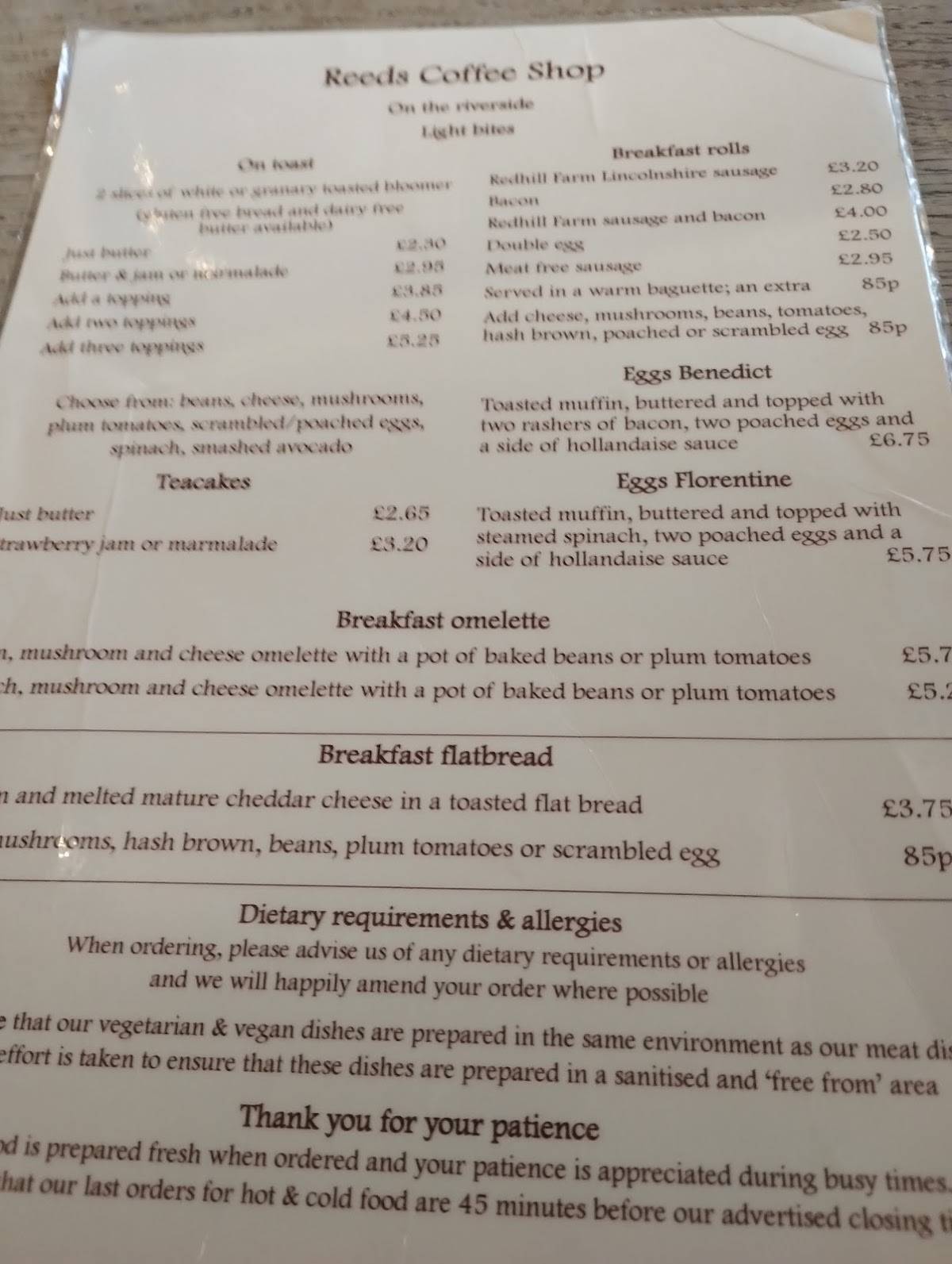 Menu at Reeds Coffee Shop cafe, Gainsborough, 54 Bridge St