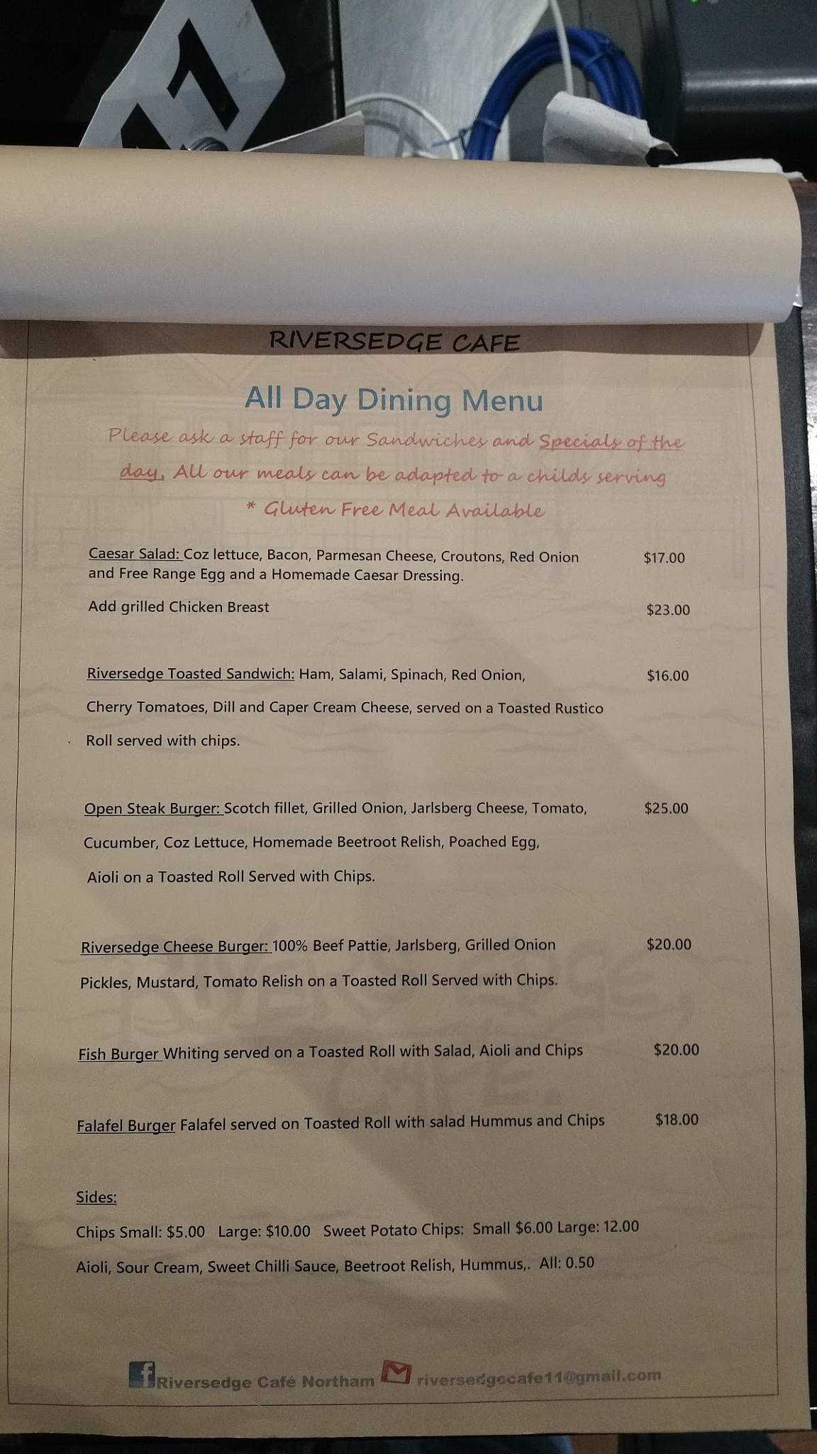 Menu at Reflections Coffee and Kiosk restaurant, Chidlow