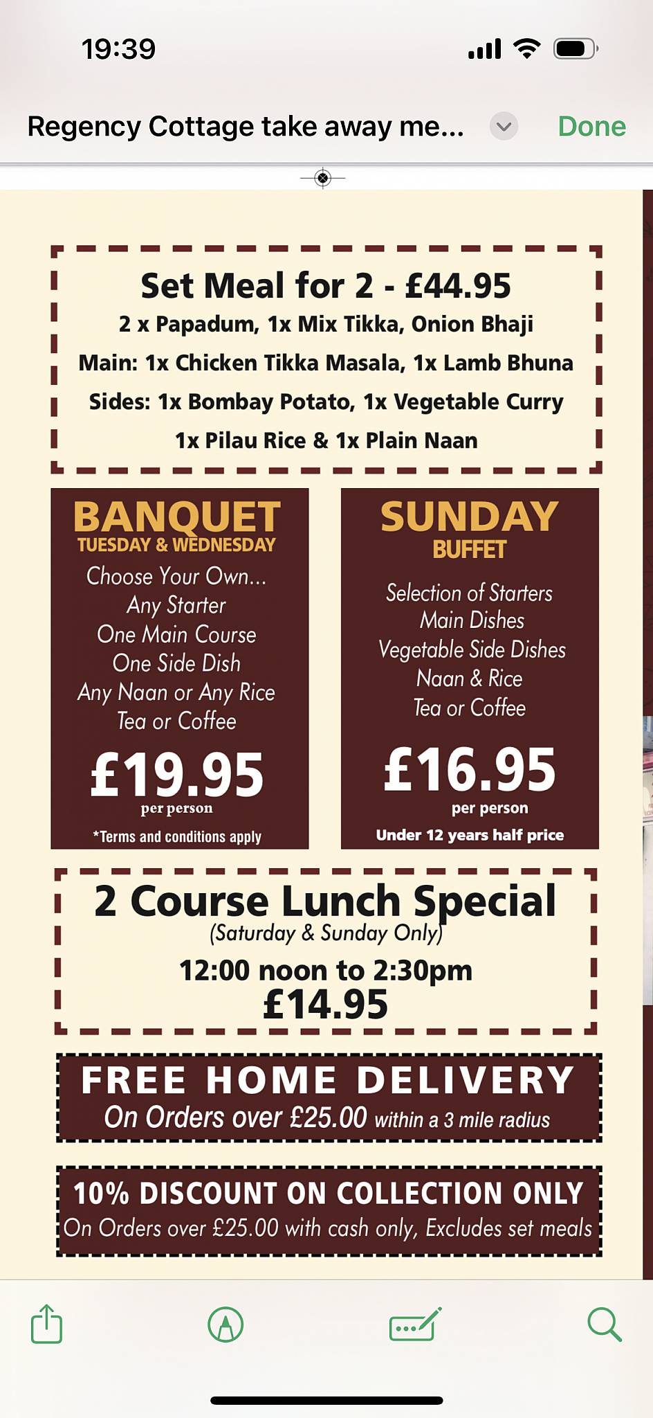 Menu at Regency Cottage restaurant, Clacton-on-Sea