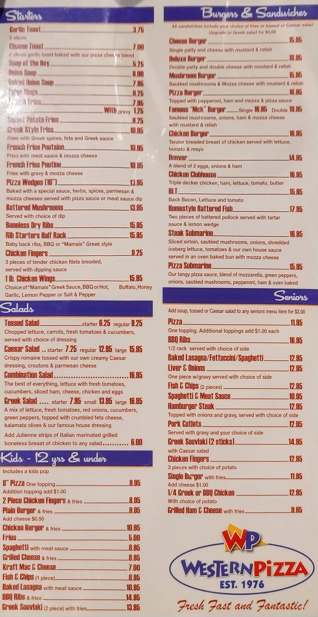Menu au Western Pizza restaurant, Regina, 9th Ave N
