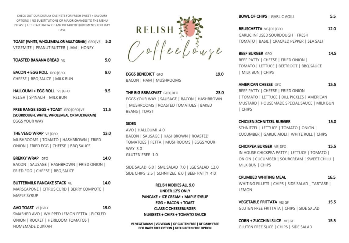 Menu at Relish Coffeehouse cafe, Cooranbong