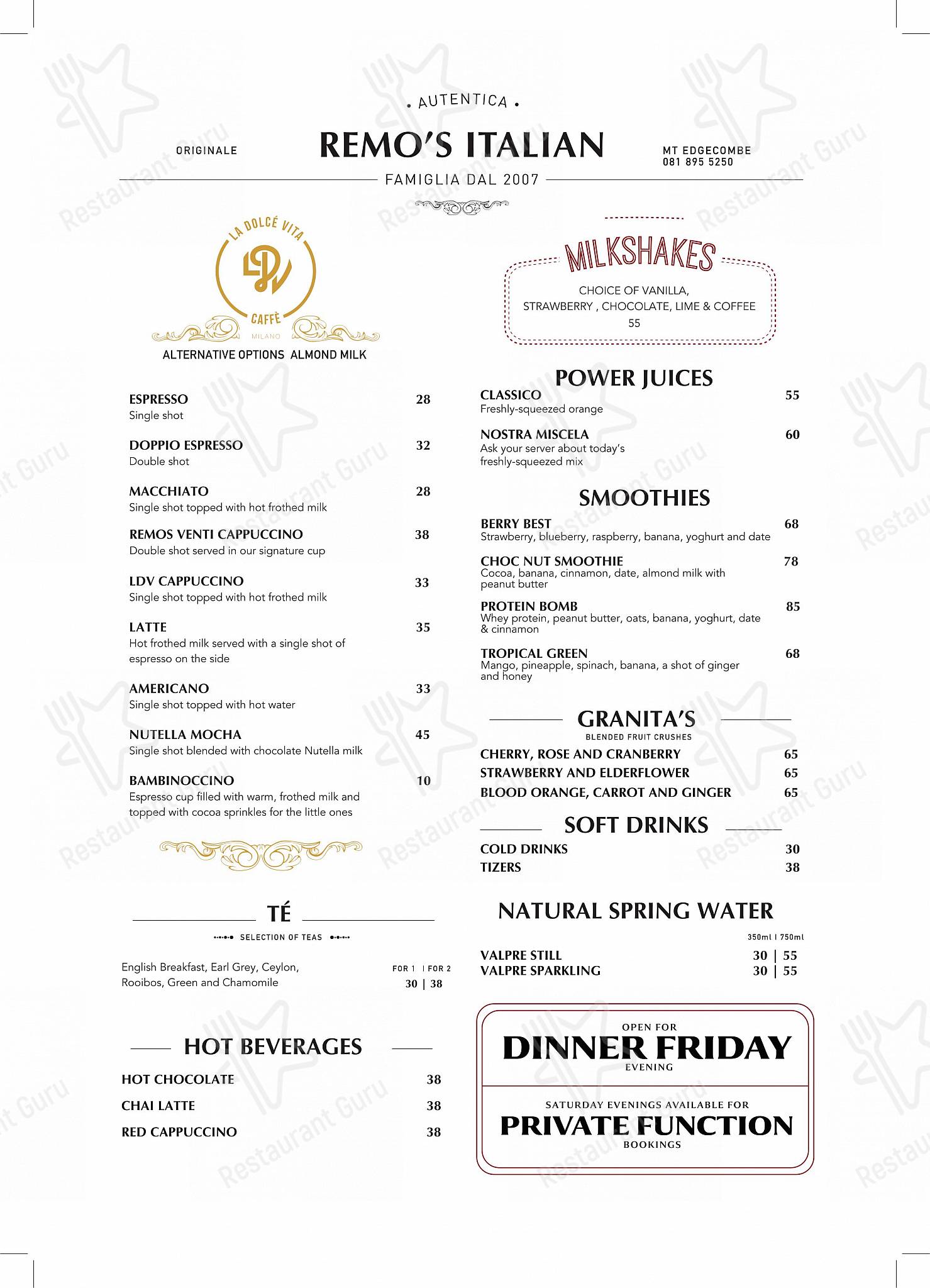 Menu at Remo's Fratelli Restaurant, Durban North