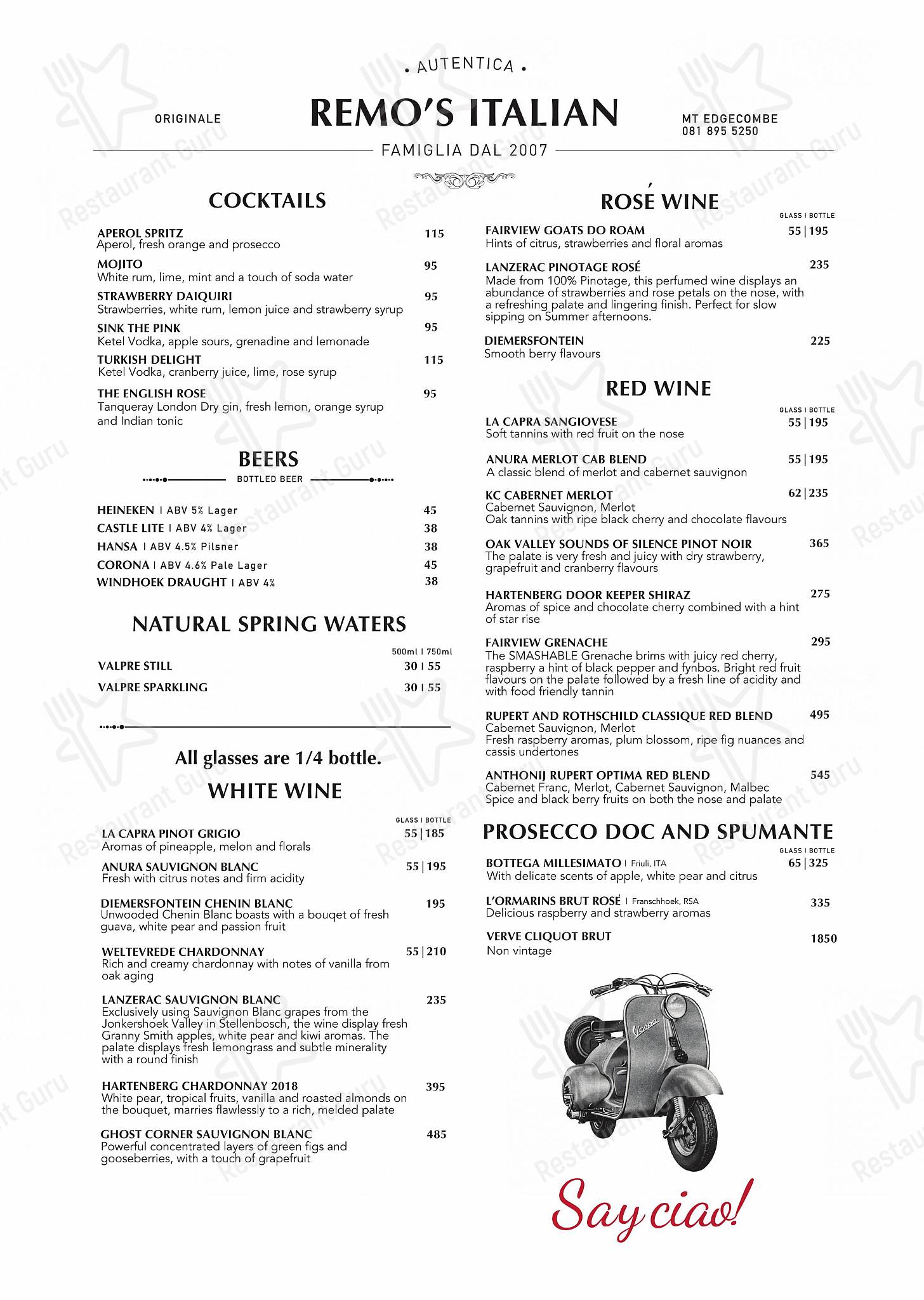 Menu at Remo's Fratelli Restaurant, Durban North