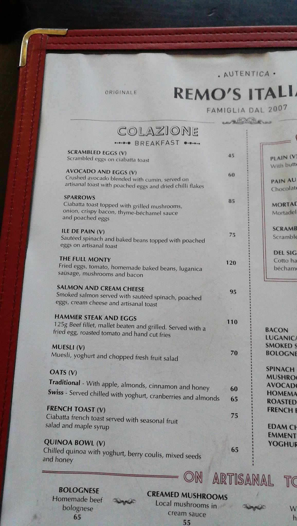 Menu at Remo's Fratelli Restaurant, Durban North