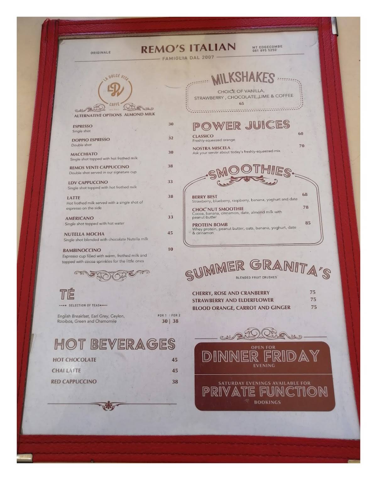 Menu at Remo's Fratelli Restaurant, Durban North