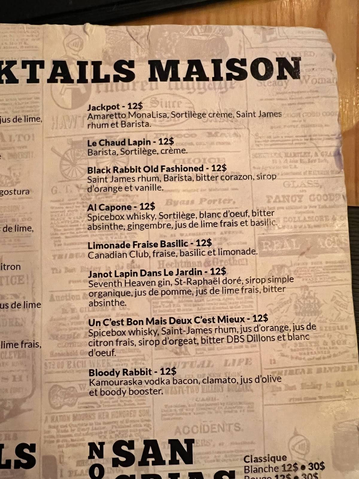 Carta del pub y bar Le White Rabbit, Repentigny