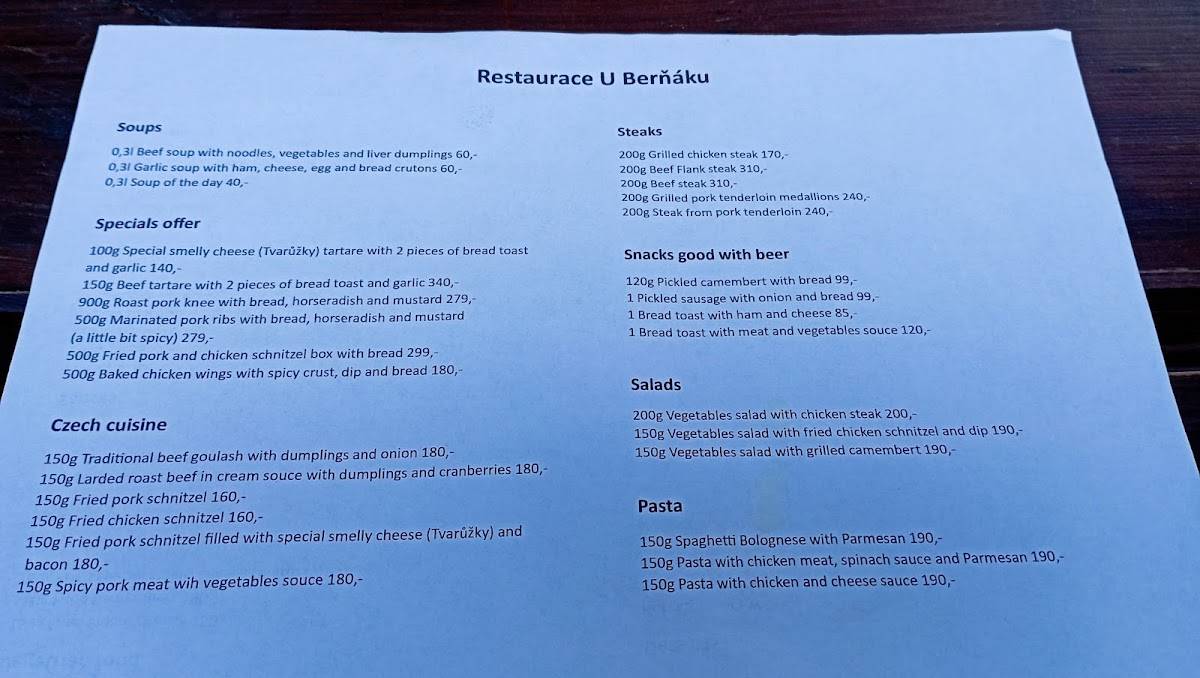 Menu at Restaurace,, U Berňáku" restaurant, Olomouc