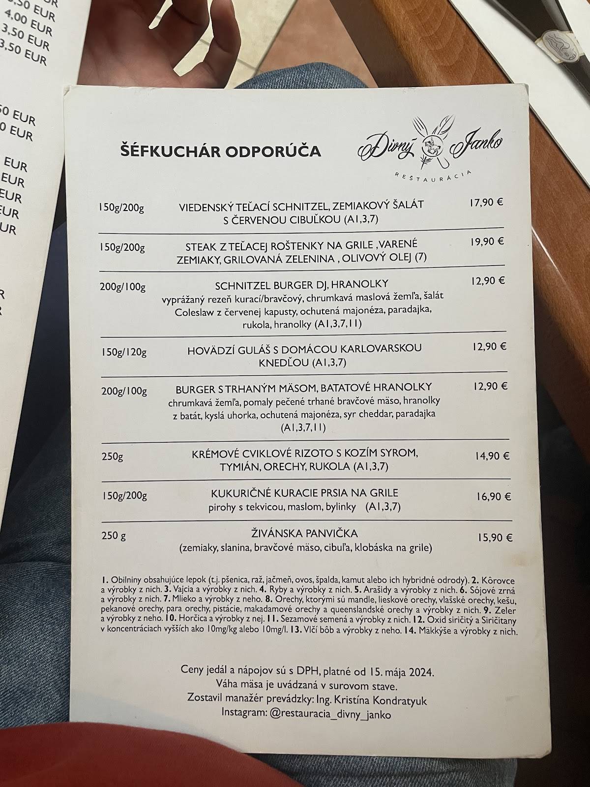 Menu at Reštaurácia Divný Janko restaurant, Bratislava