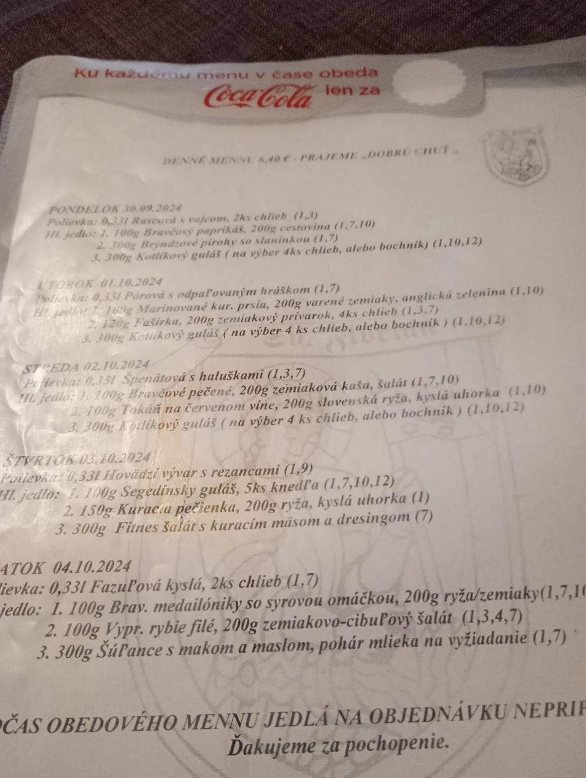 Menu at Reštaurácia Florián restaurant, Veľké Ripňany