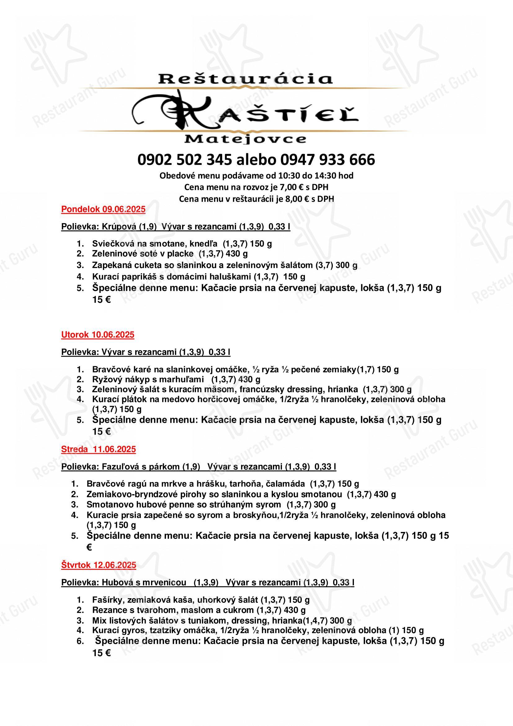 Menu at Reštaurácia Kaštieľ restaurant, Poprad