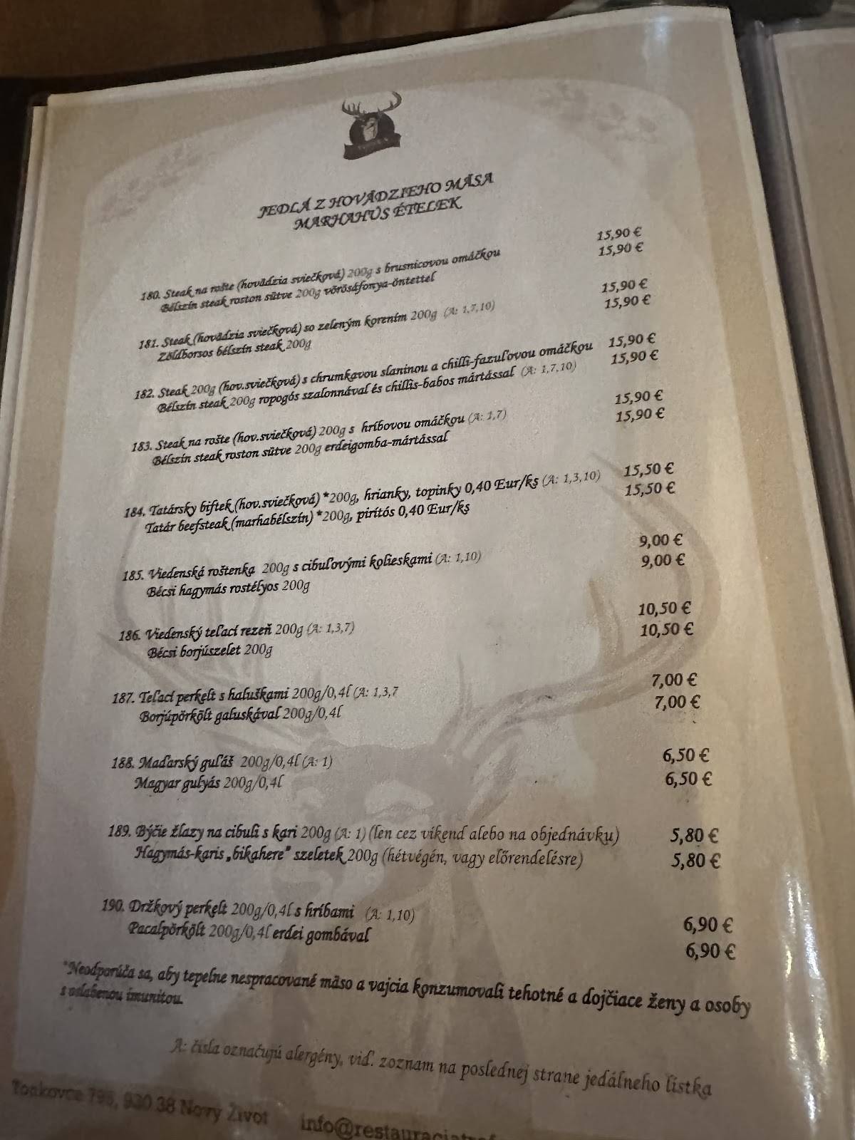 Menu at Reštaurácia TROFEA restaurant, Nový Život