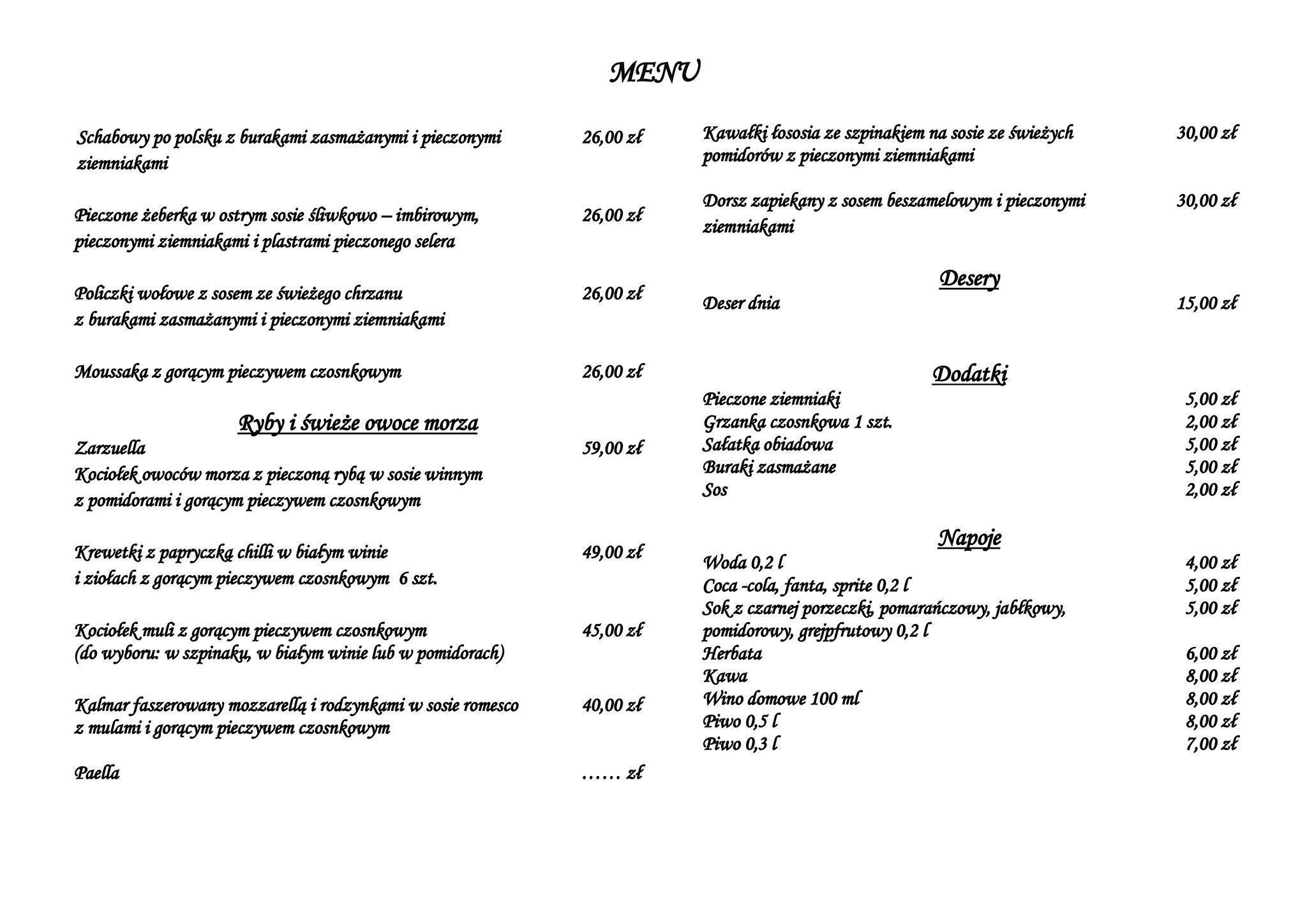 Menu at Restauracja Ludowa restaurant, Sopot
